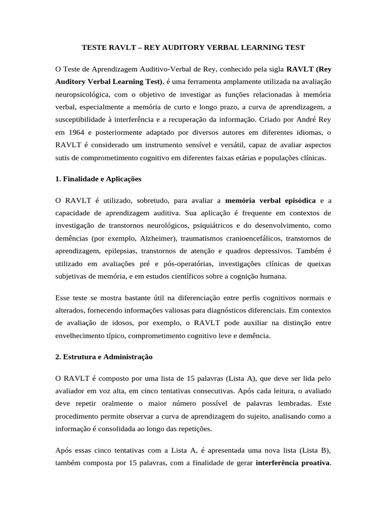 Teste Ravlt - Rey Auditory Verbal Learning Test | PDF | Aprendizado ...