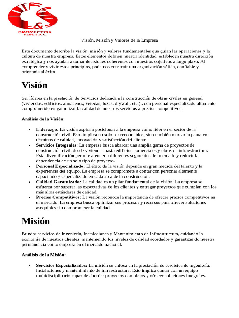 VISIÓN, MISIÓN Y VALORES Ejemplo | PDF | Calidad (comercial) | Business