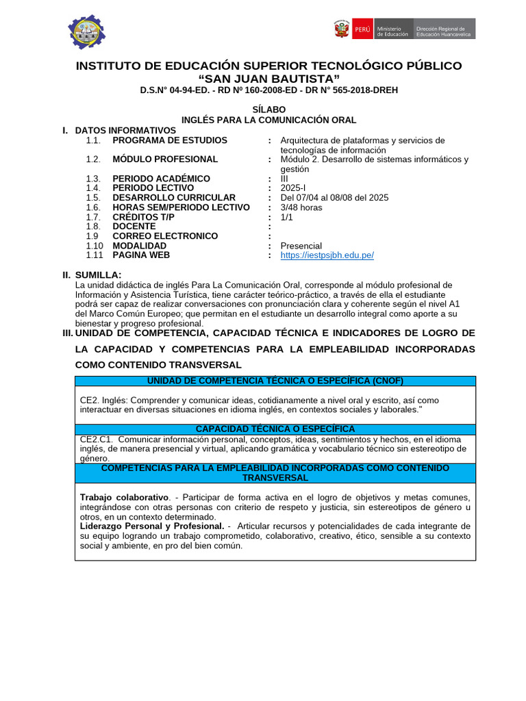 APSTI SÍLAB Ingles-Oral III Ciclo 2025 | PDF | Evaluación | Cognición
