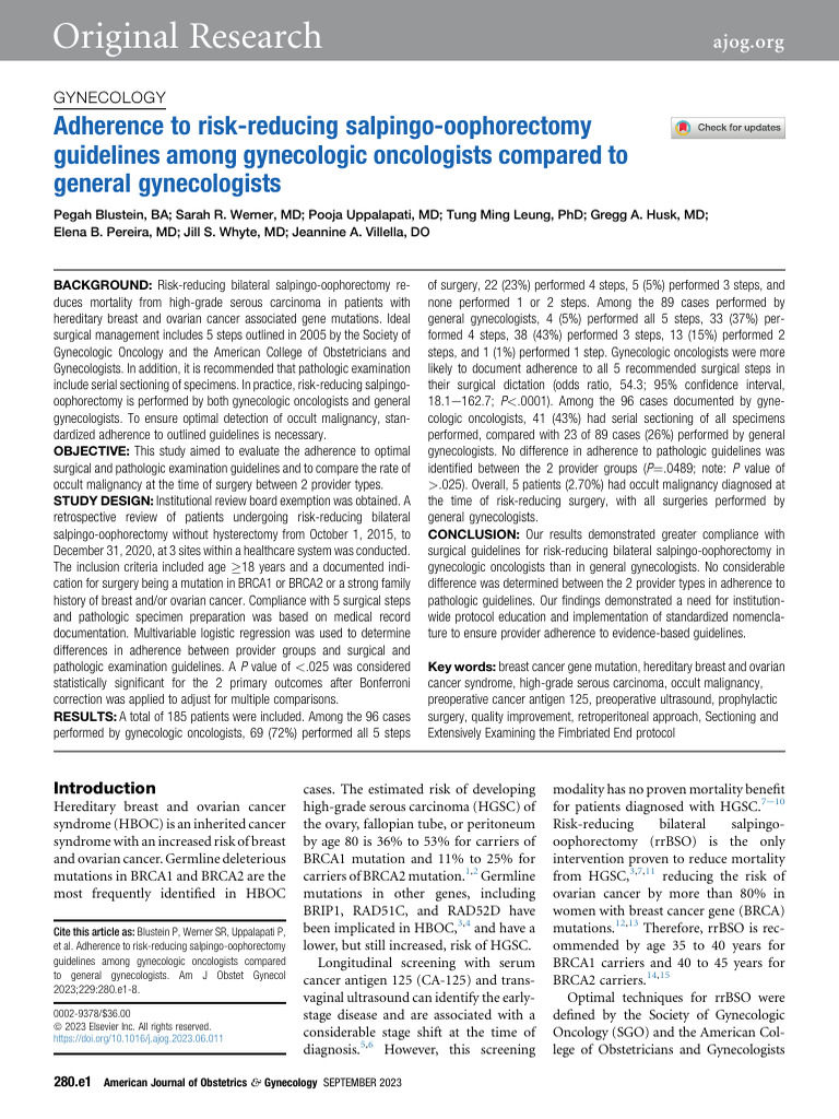 Adherence To Risk Reducing Salpingo Oophorectomy G | PDF | Ovarian Cancer | Medical Specialties