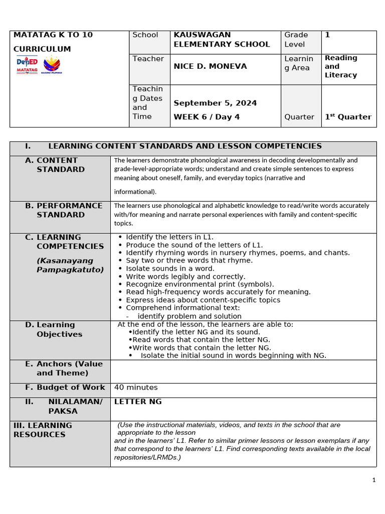 Reading and Literacy Week 6 Day 4 | PDF | Learning Methods | Learning