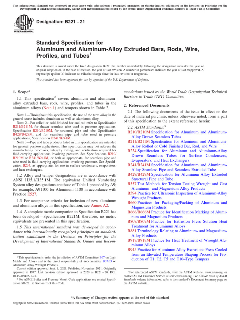 ASTM B221-21 Aluminum Alloy Standards | PDF | Zirconium | Extrusion