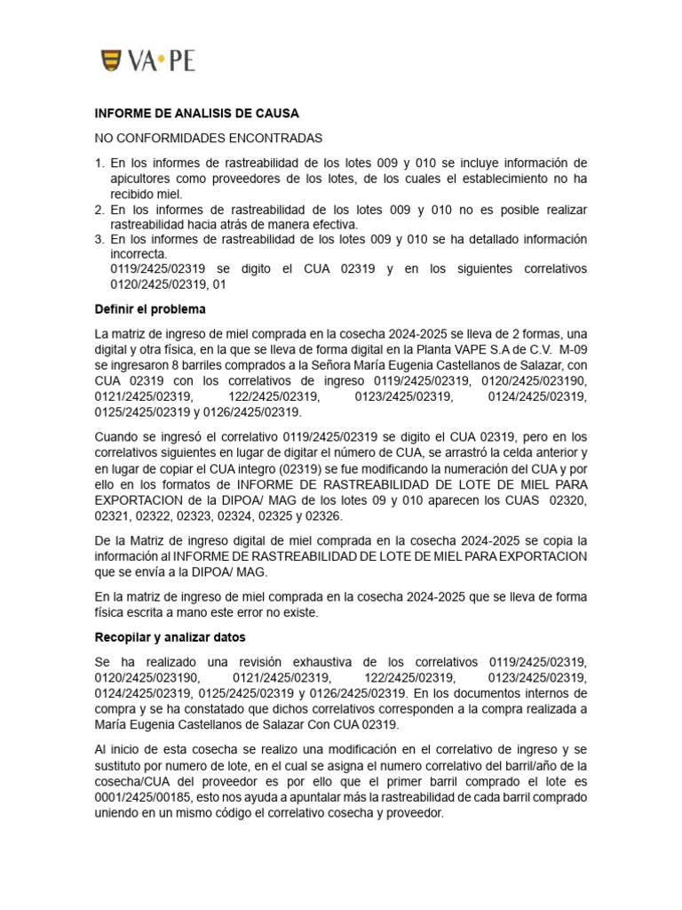 Informe de Analisis de Causa Por No Conformidades Detectadas en Informes de Rastreabilidad ...