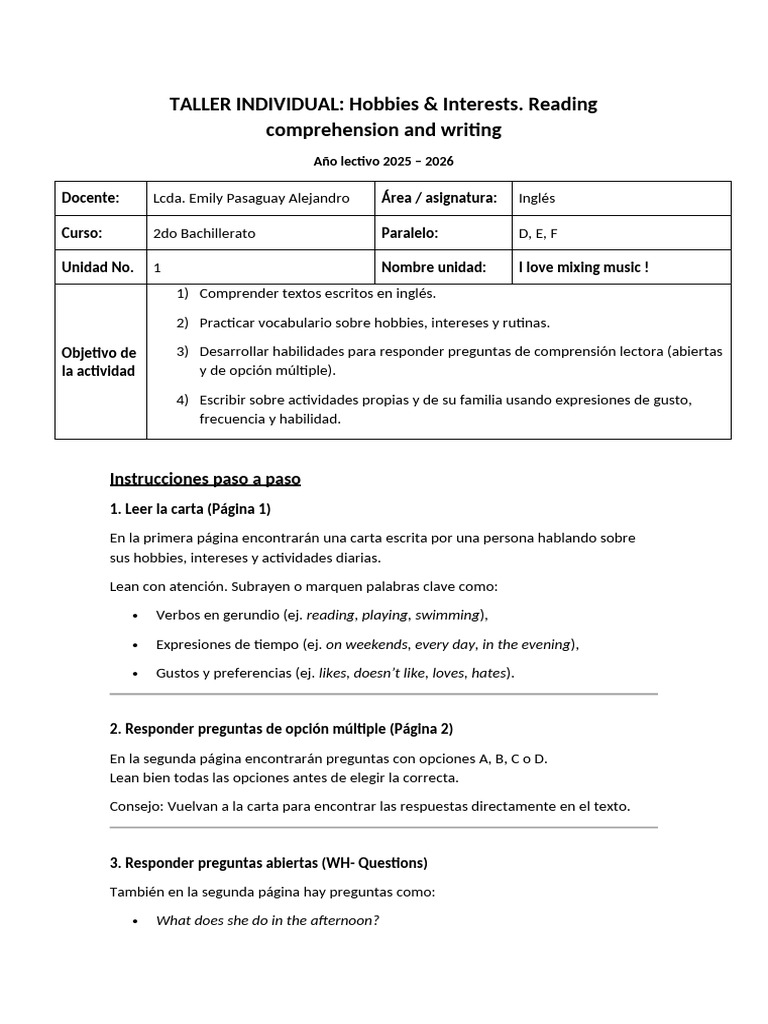 Taller de Comprensión en Inglés: Hobbies | PDF