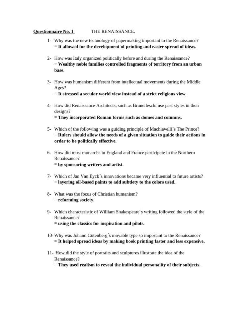 Questionnaire1renaissance2025 | PDF | Renaissance | Humanism