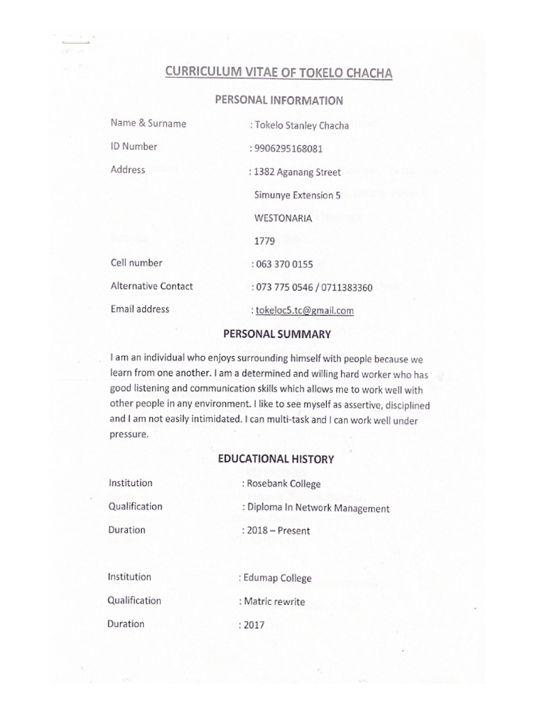 Curriculum Vitae of Tokelo Chacha | PDF