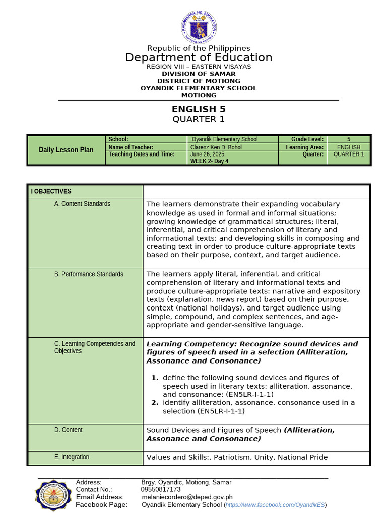 English 5 Lesson Plan: Sound Devices | PDF | Hygiene | Poetry