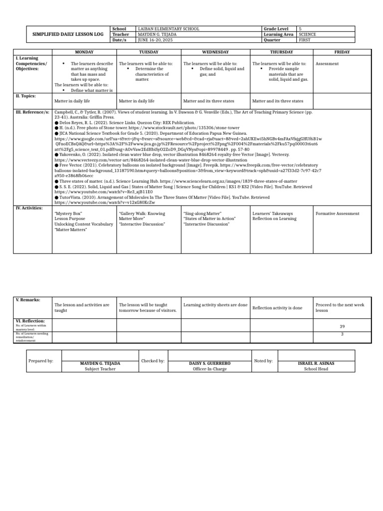 Simplified Daily Lesson Log Week 1 | PDF