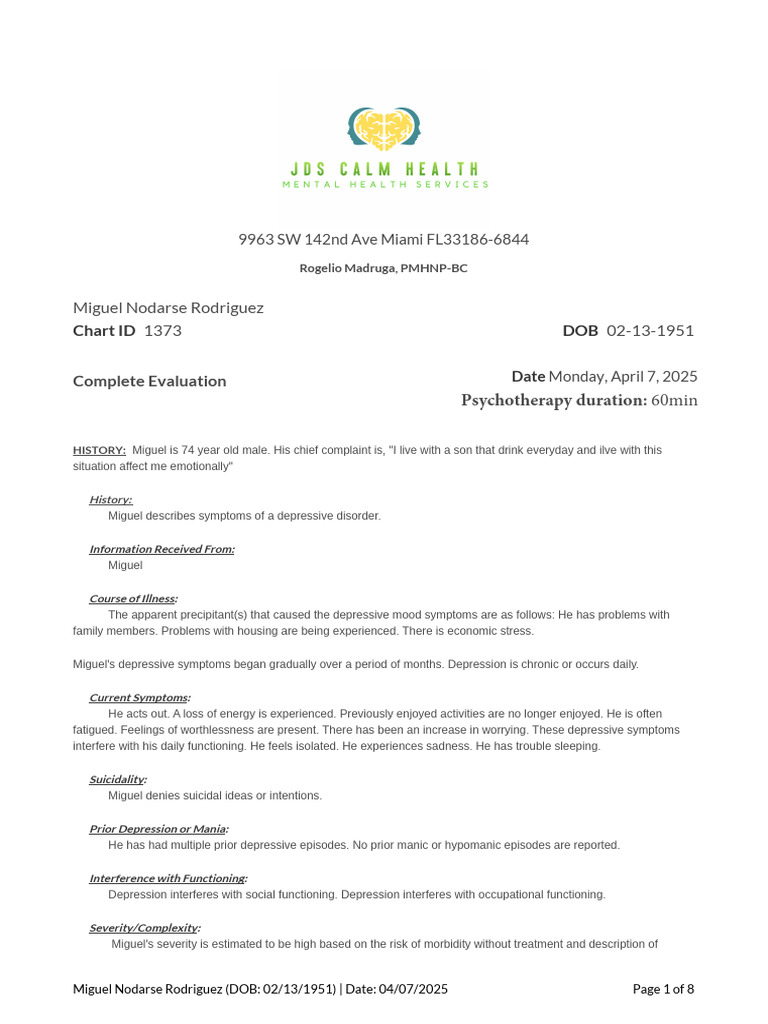 Miguel Nodarse Rodriguez Mental Health Evaluation | PDF | Major ...
