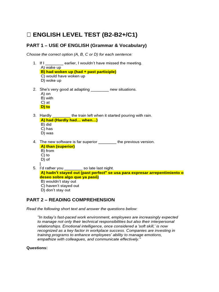 ? English Level Test (B2-B2+ - C1) | PDF | Psychology | Cognition