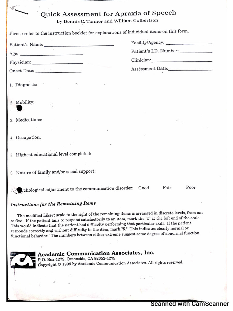 Quick Assessment of Apraxia of Speech | PDF