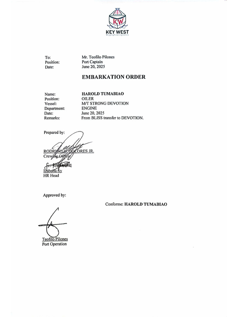 Embarkation Order | PDF