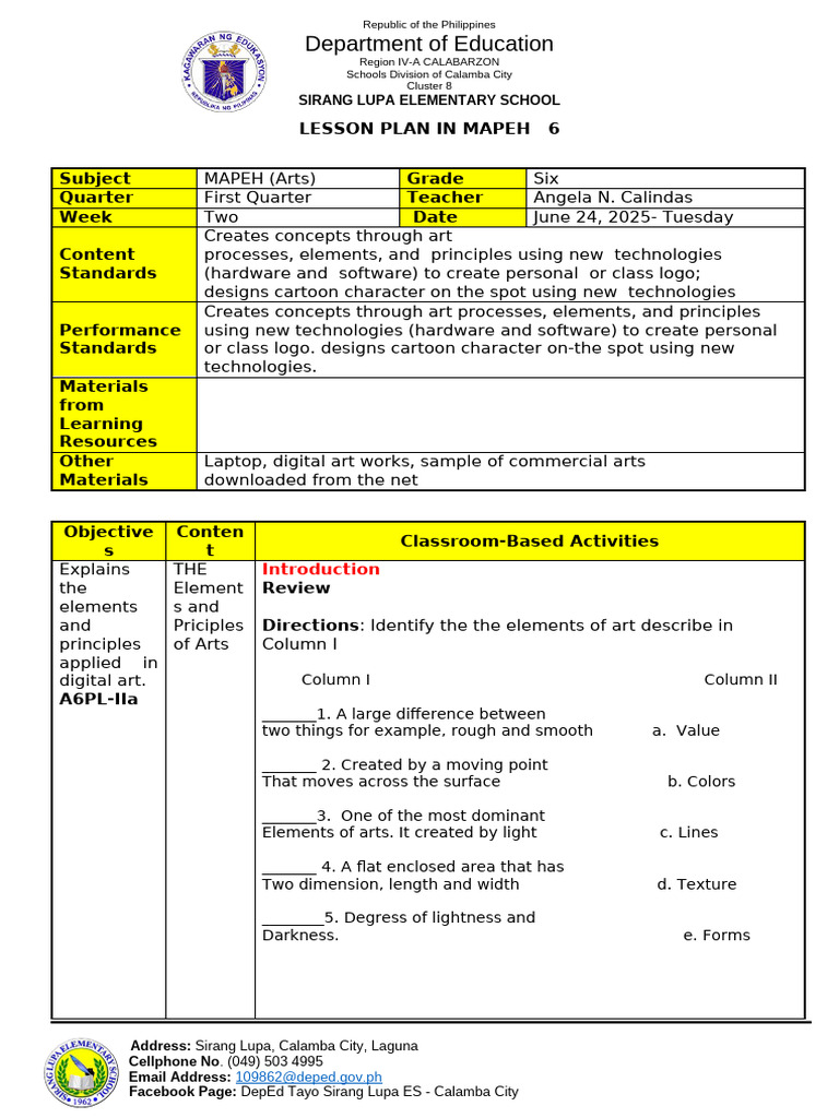 MAPEH Lesson Plan for Grade 6 Arts | PDF