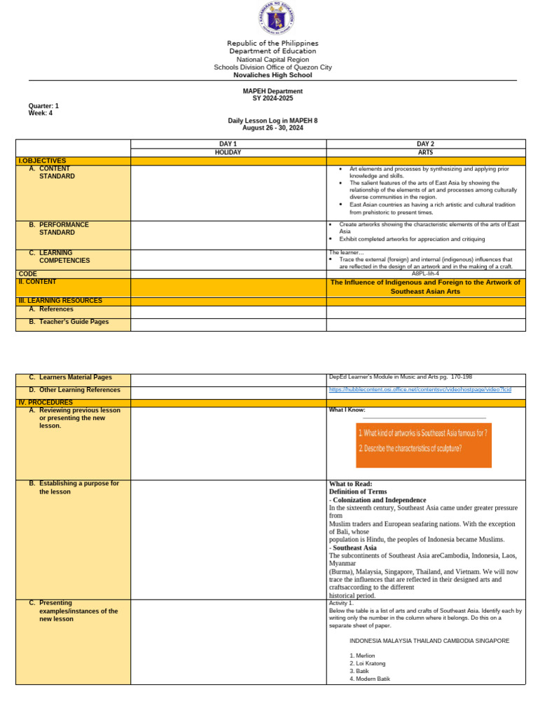 DLL Week 4 Arts 1st Grading Sy 2024 2025 | PDF | Southeast Asia