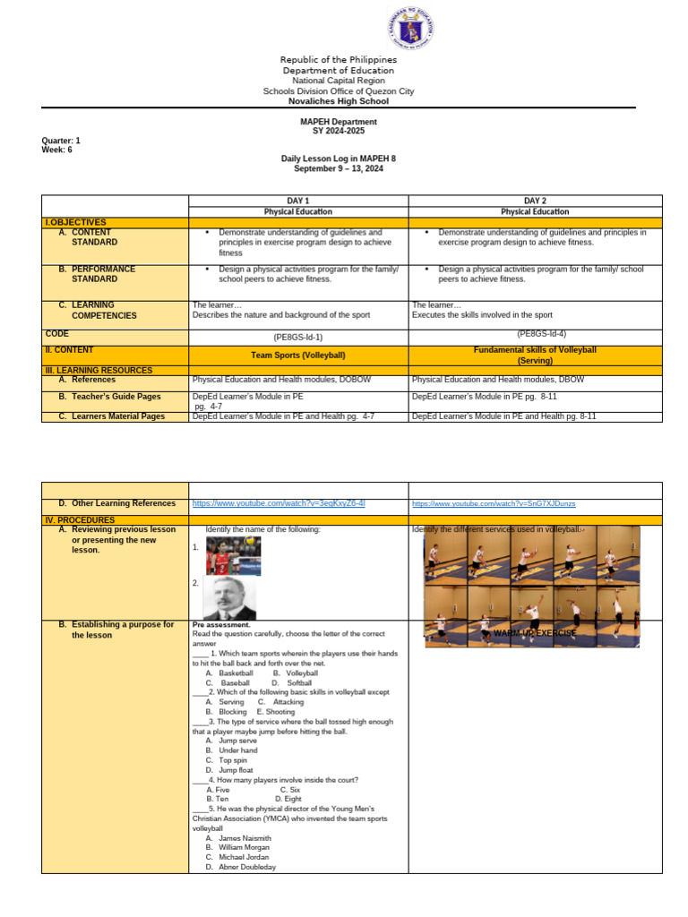 DLL Week 6 Pe 1st Grading Sy 2024 2025 | PDF | Physical Education | Volleyball