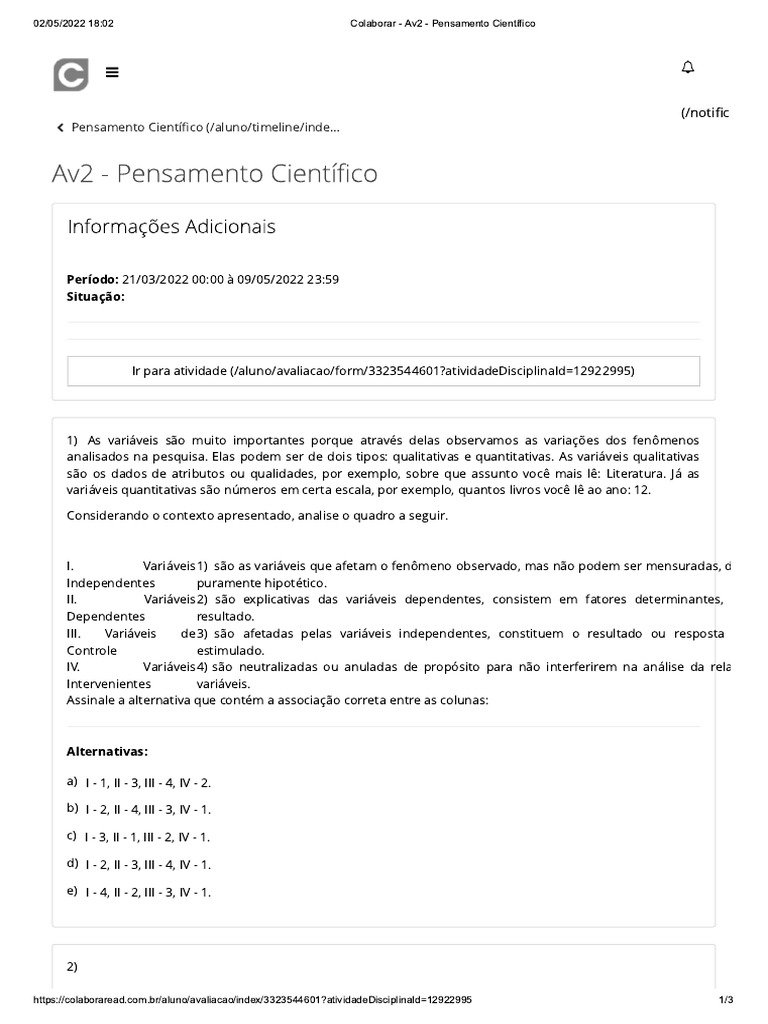 Colaborar - Av2 - Pensamento Científico... | PDF