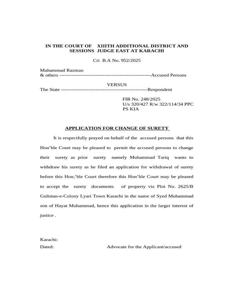 Appl. Change of Surety Change of Surety Zahoor | PDF | Affidavit
