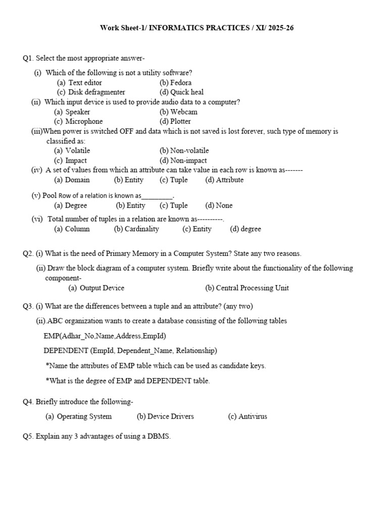 Work Sheet-1 Class 11 IPR | PDF