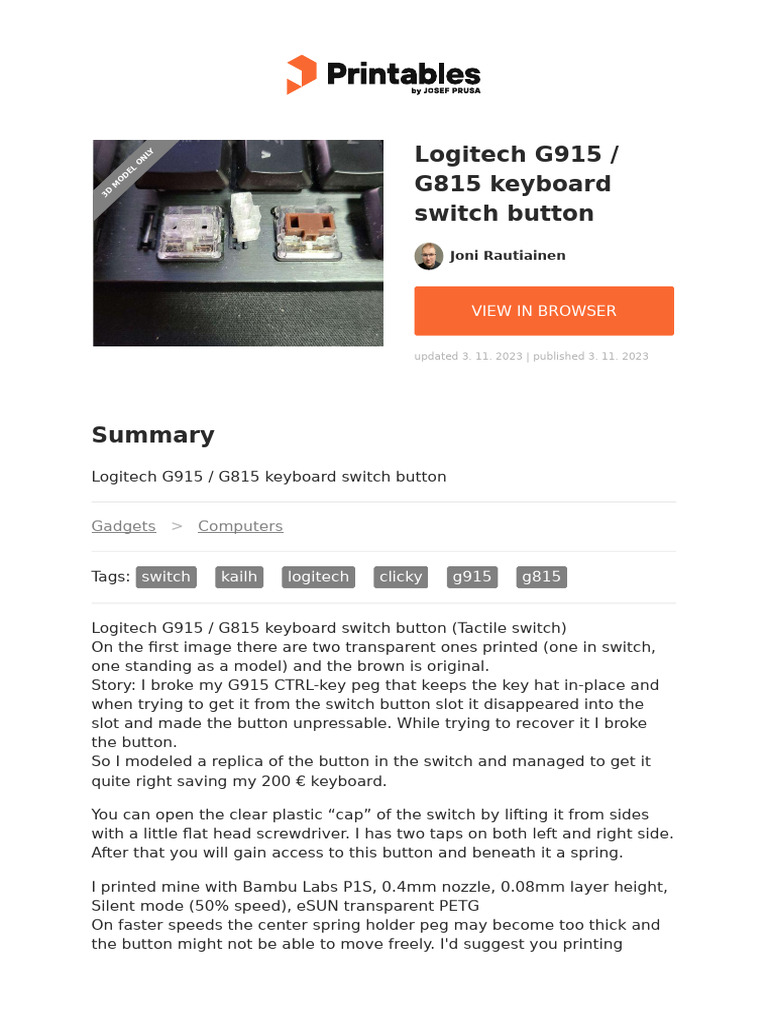 Logitech g915 g815 Keyboard Switch Button | PDF