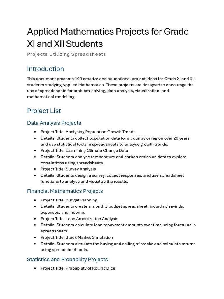 Applied Mathematics Project Ideas 2025 - 26 | PDF | Spreadsheet | Climate