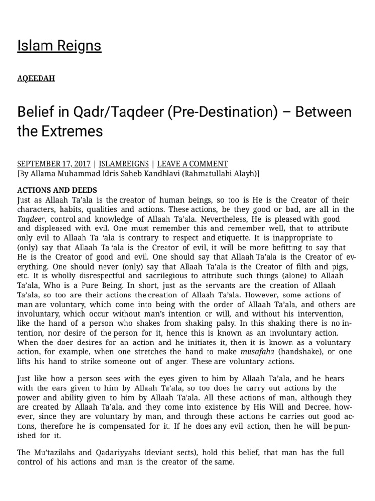 DIVINE Belief in Qadr - Taqdeer (Pre-Destination) - Between The Extremes - Islam Reigns | PDF ...