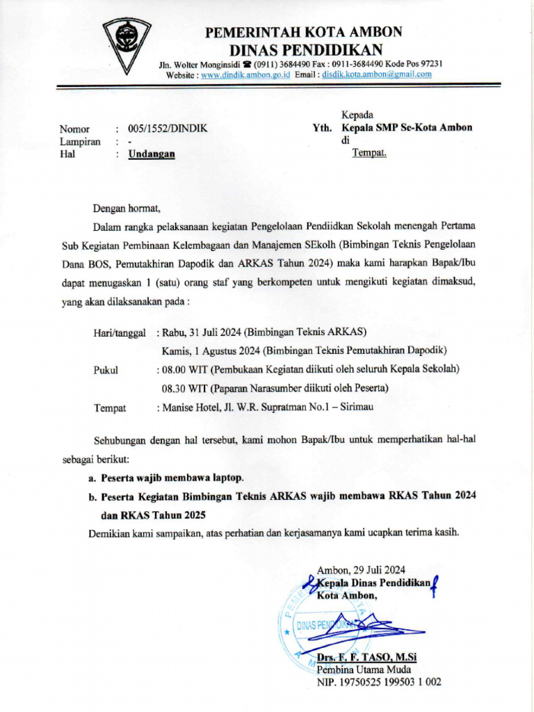 Undangan Bimtek Pemutakhiran Dapodik Dan Arkas SMP 2024 | PDF