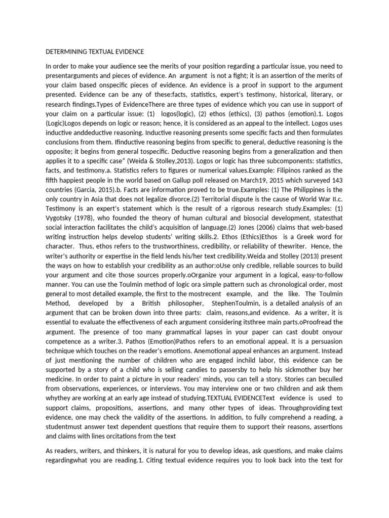 Determining Textual Evidence | PDF | Reason | Evidence