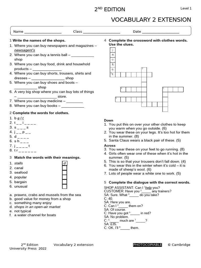 Thk2e BrE L1 Vocabulary Extension Unit 2 | PDF | Clothing