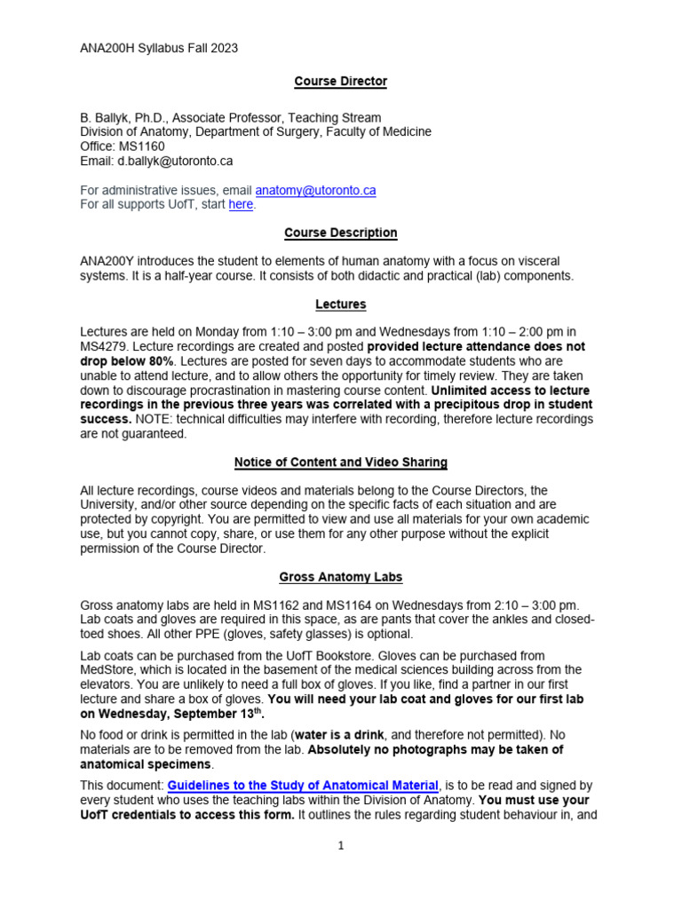 ANA200H 2023 Course Syllabus | PDF | Academic Integrity