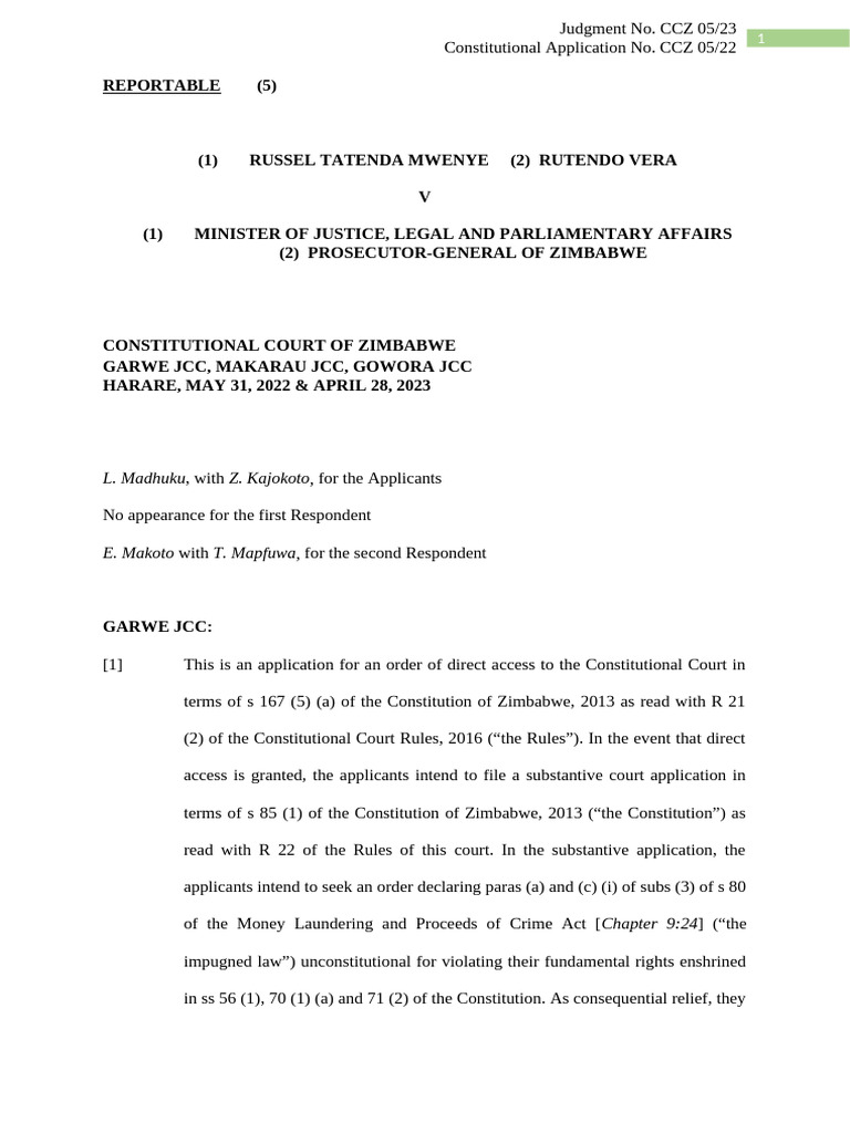 CCZ 5 - 23 Russel Tatenda Mwenye and Anor V Minister of Justice, Legal and Parliamentary Affairs ...