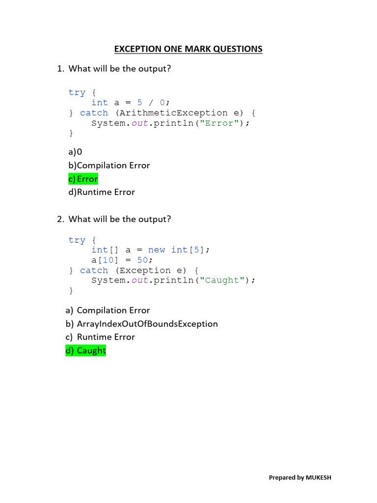 Exceptions One Mark Answers | PDF | Software Development | Computing