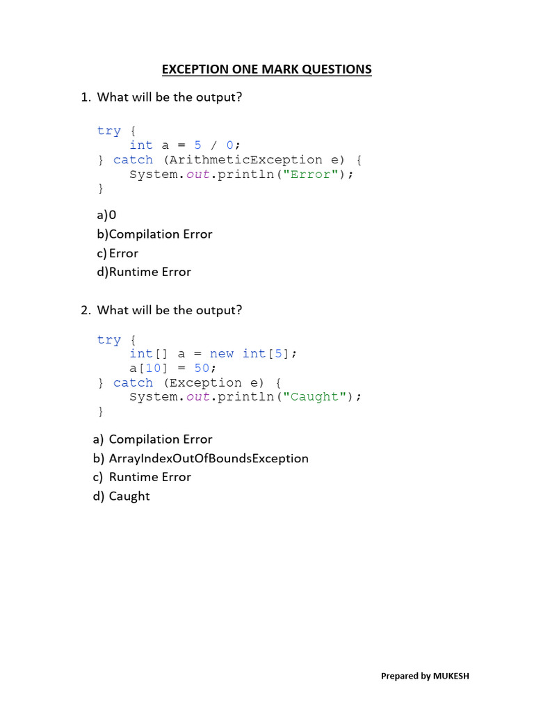 Exceptions One Mark Questions | PDF | Software Development | Computer Programming