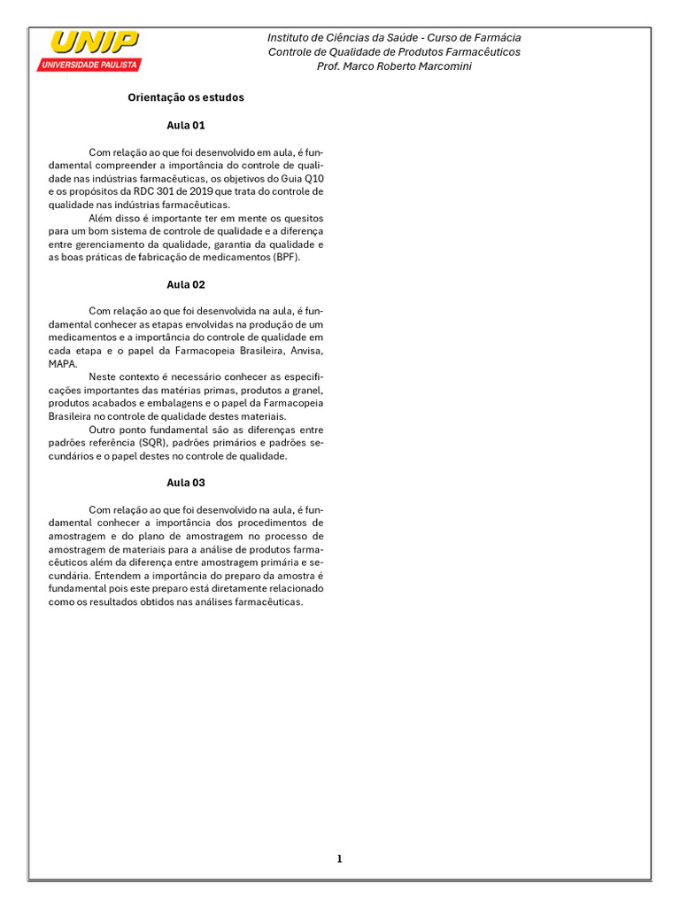 00 Roteiros de Estudos-1 | PDF | Qualidade (negócios) | Farmácia