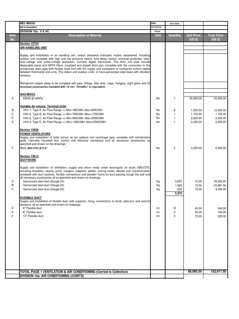 Boq Msgq-Burkina Faso-V & Ac | PDF | Duct (Flow) | Heating, Ventilating, And Air Conditioning