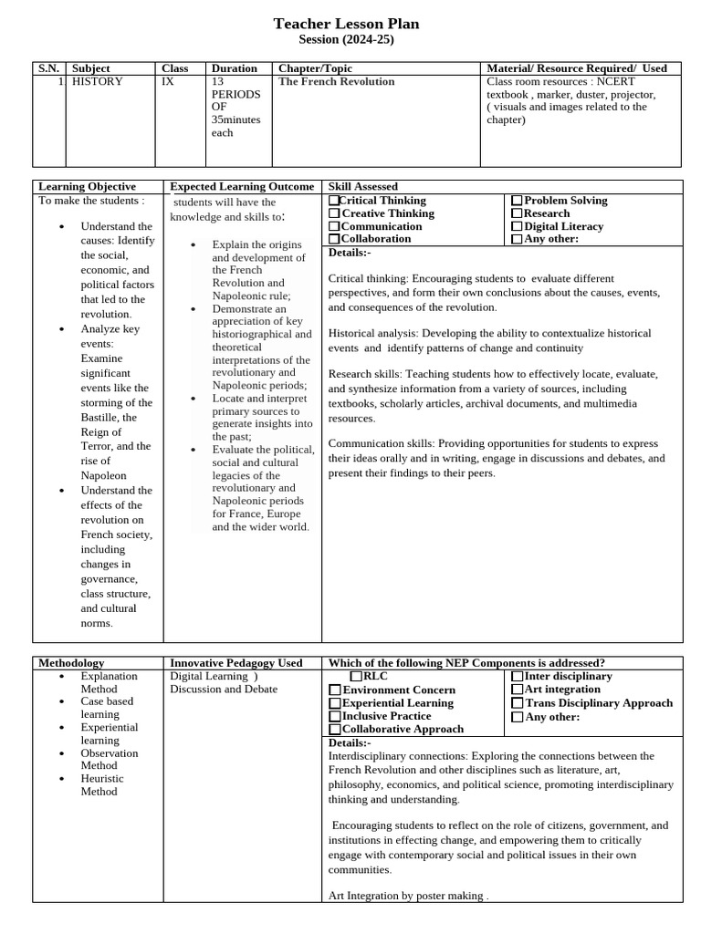 French Revolution Lesson Plan for IX Grade | PDF | Interdisciplinarity ...