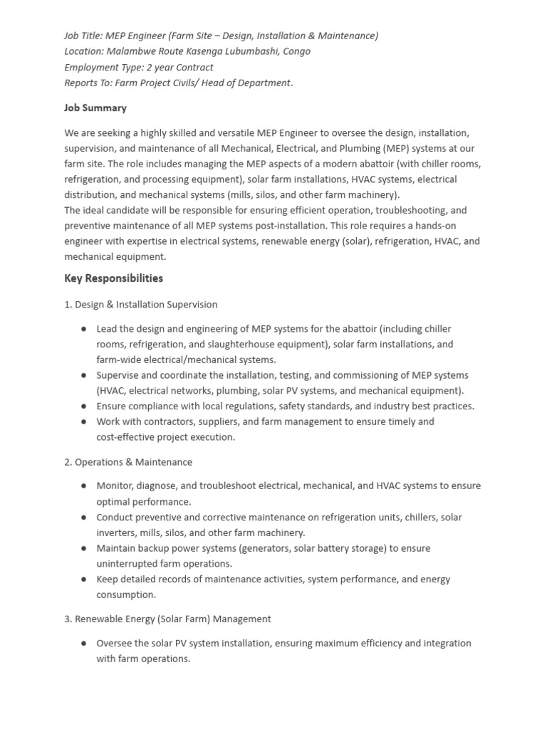 Job Title - MEP Engineer (Farm Site - Design, Installation ...