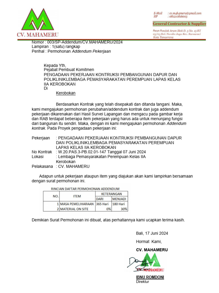 Permohonan Adendum Kontrak | PDF