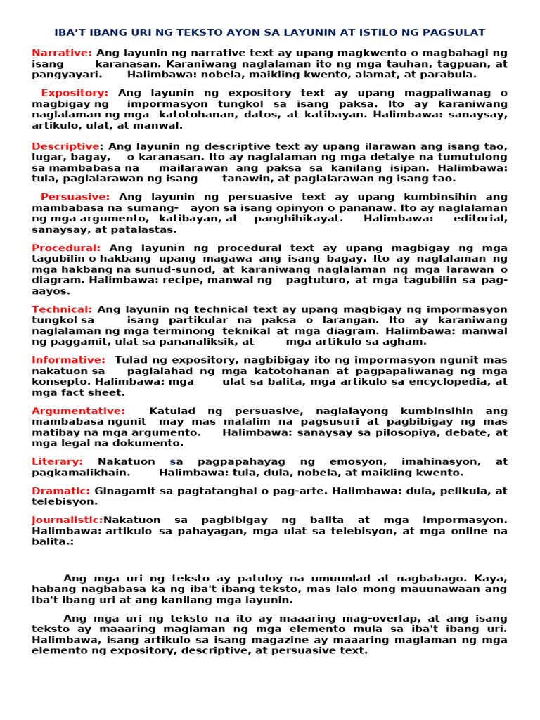 Uri NG Teksto at Layunin | PDF