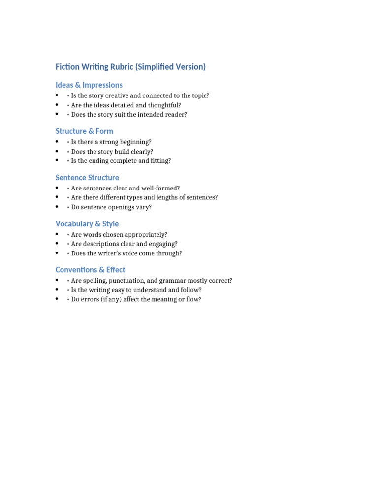 Simplified Fiction Writing Rubric | PDF
