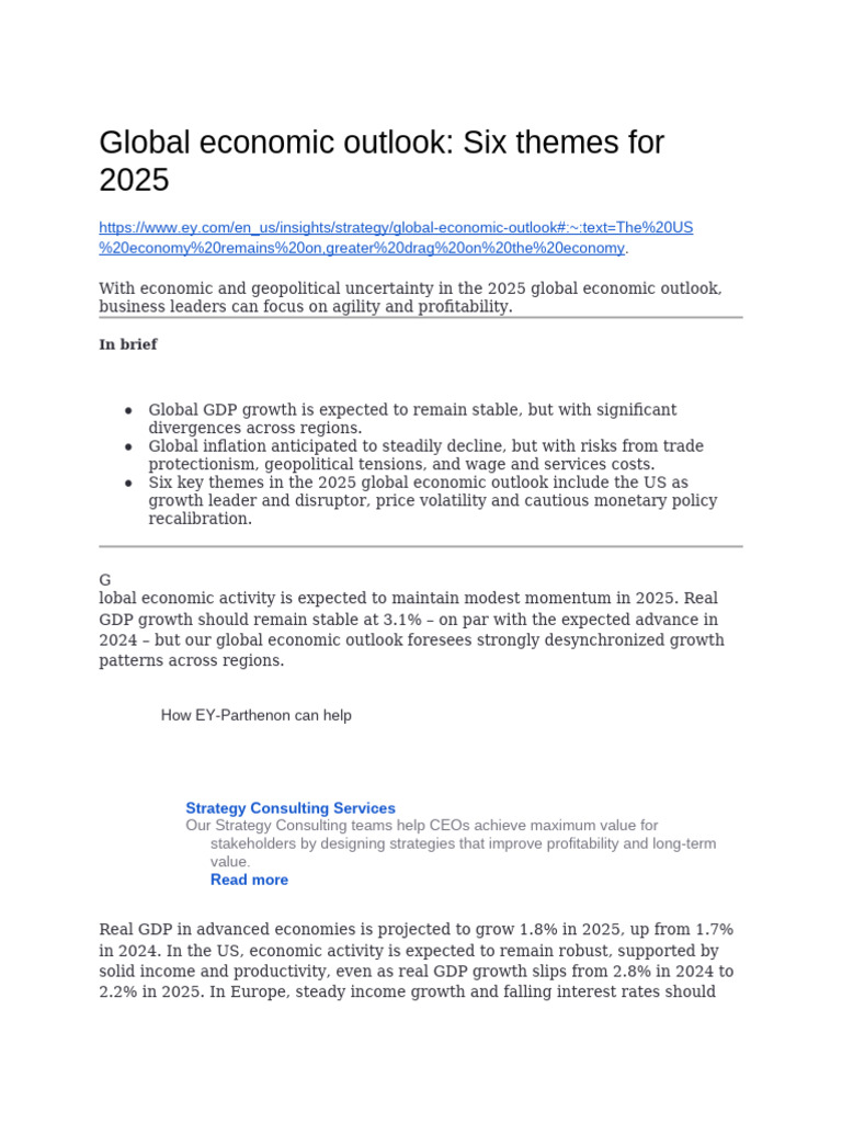 2025 Global Economic Outlook Insights | PDF | Inflation | Fiscal Policy