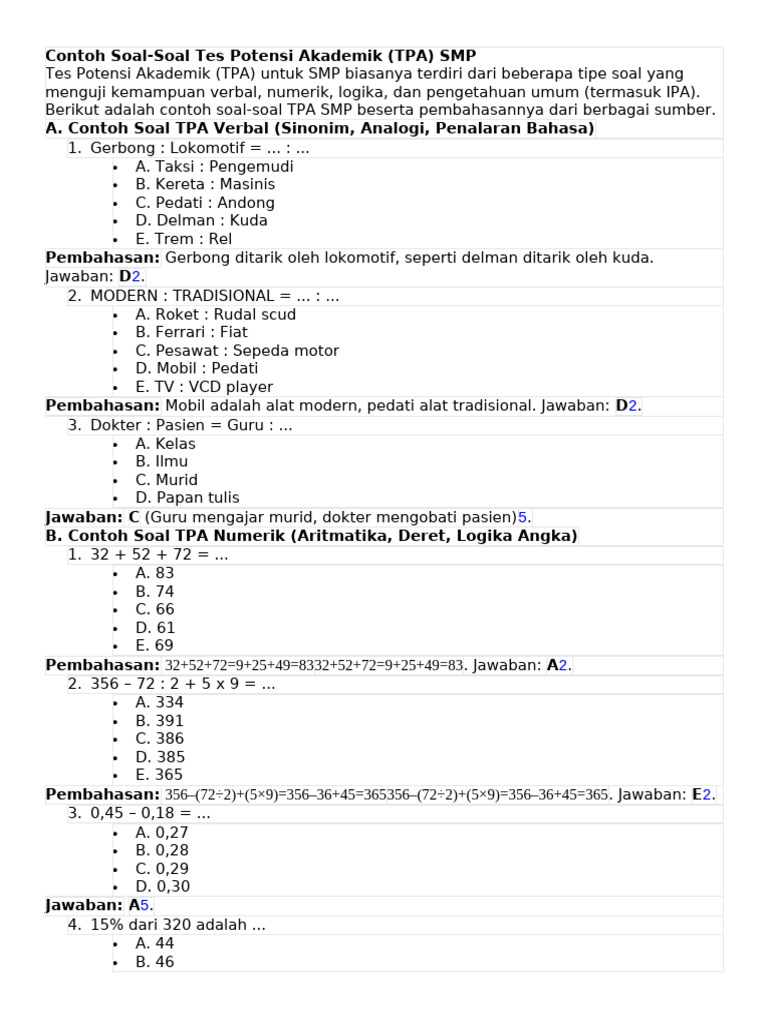 Contoh Soal TPA SMP dan Pembahasan | PDF