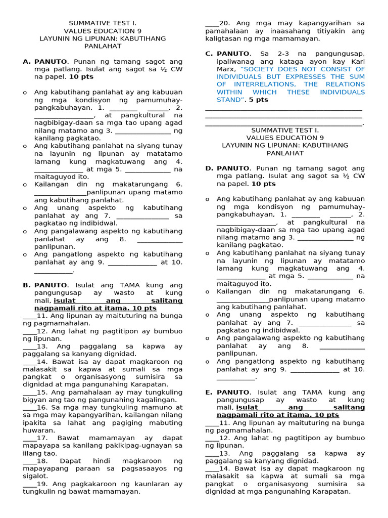 g9 1st Summative June 26 | PDF