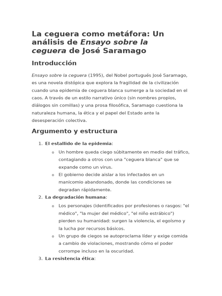 Análisis de "Ensayo sobre la ceguera" | PDF