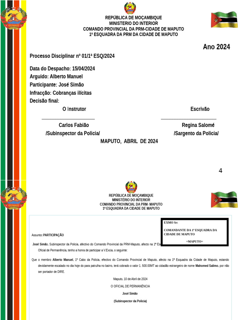 Modelo de Processo Disciplinar - 2024 | PDF | Polícia | Moçambique