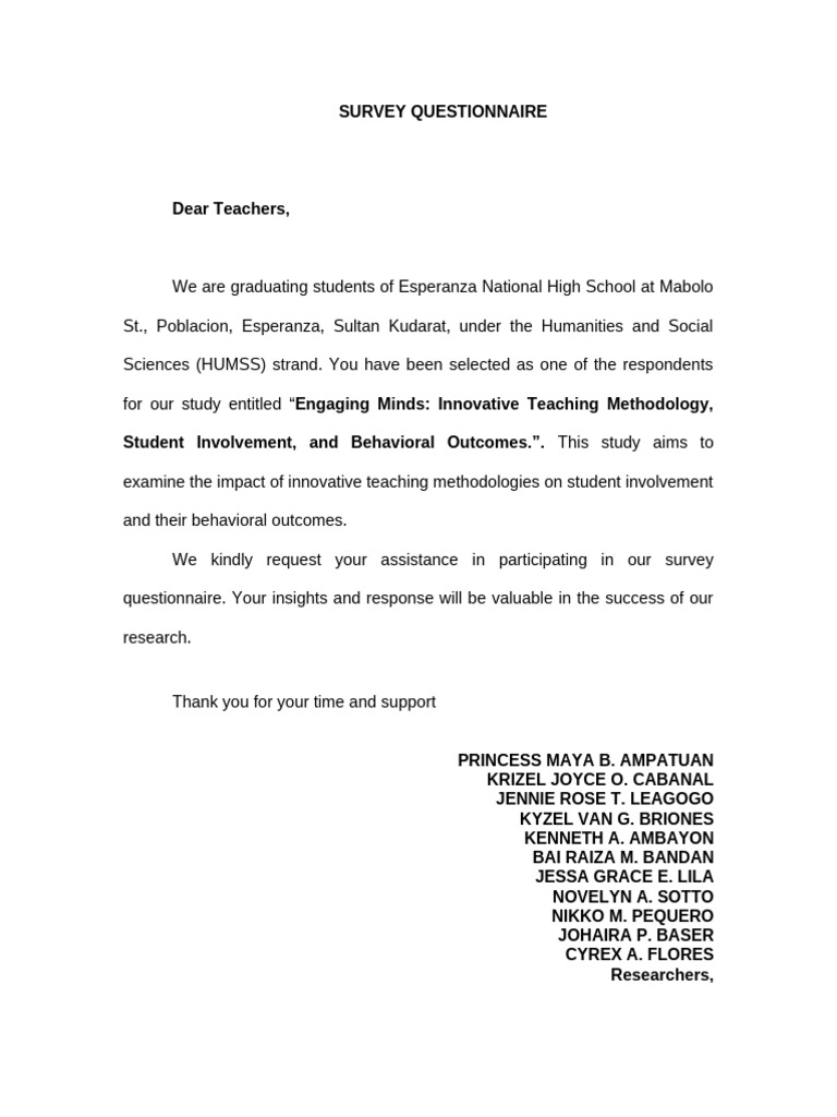 Survey Questionnaire For Teachers | PDF | Project Based Learning | Learning