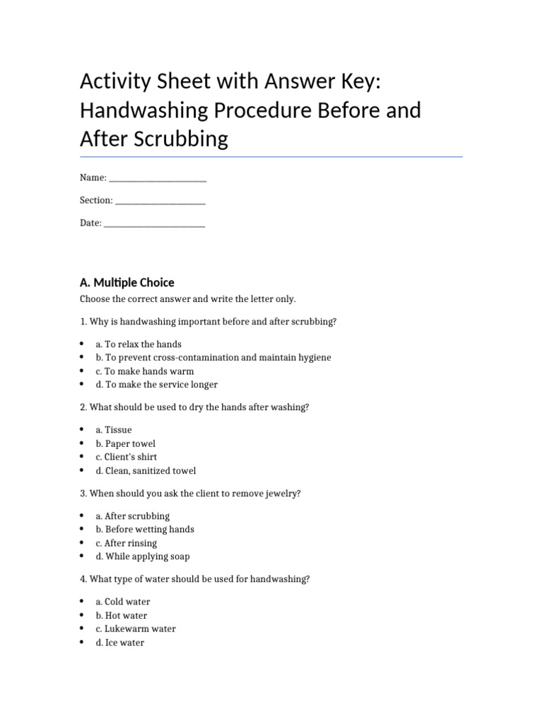 Handwashing Procedure Activity Sheet | PDF