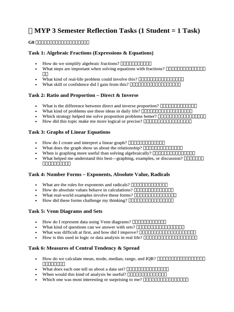 MYP 3 Math Reflection Tasks | PDF | Equations | Algebra