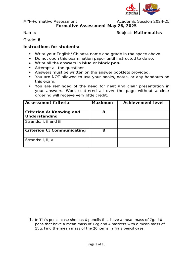 Grade 8 Mathematics Formative Assessment | PDF