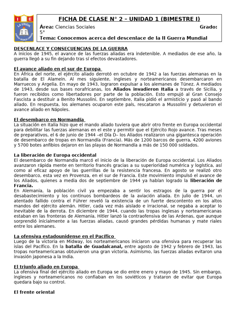 Sesión 3 - Ficha 2 - CCSS 5° Abcd - Descenlace y Consecuencias de La Ii GM - 2025 | PDF ...