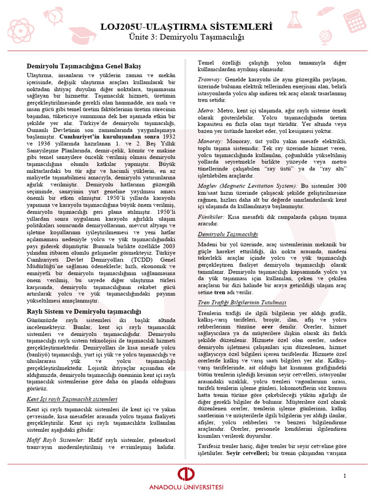 LOJ205U-ULA Tirma S Stemler: Ünite 3: Demiryolu Ta Imacılı I | PDF